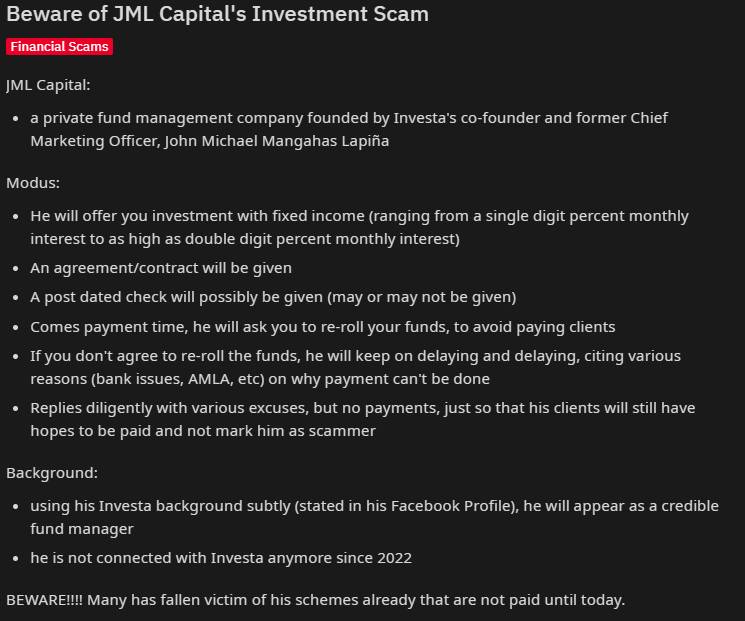 JML Capital scam; Investa-CMO scam.👀👀👀 $PSE:BSC $PSE:APL $PSE:AC $PSE ...