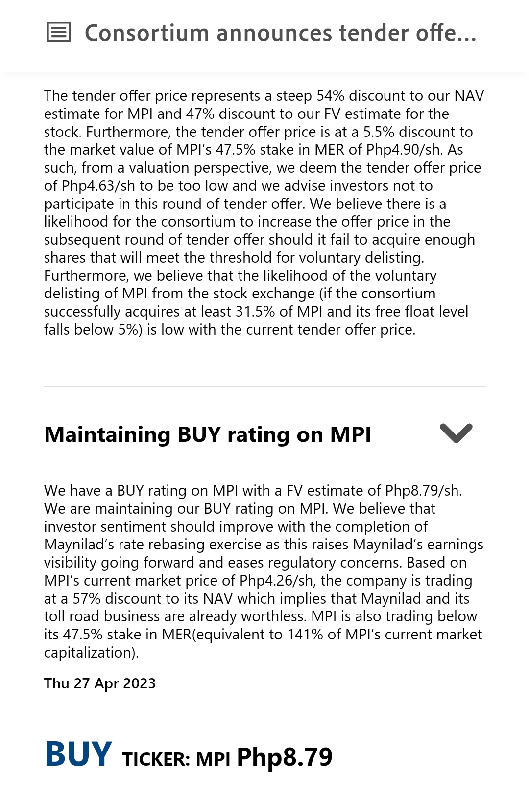 $PSE:MPI has been trading at a discount to its NAV since "forever" like ...