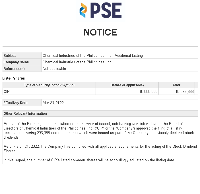 $PSE:PSE Notice: Chemical Industries of the Philippines, Inc ...