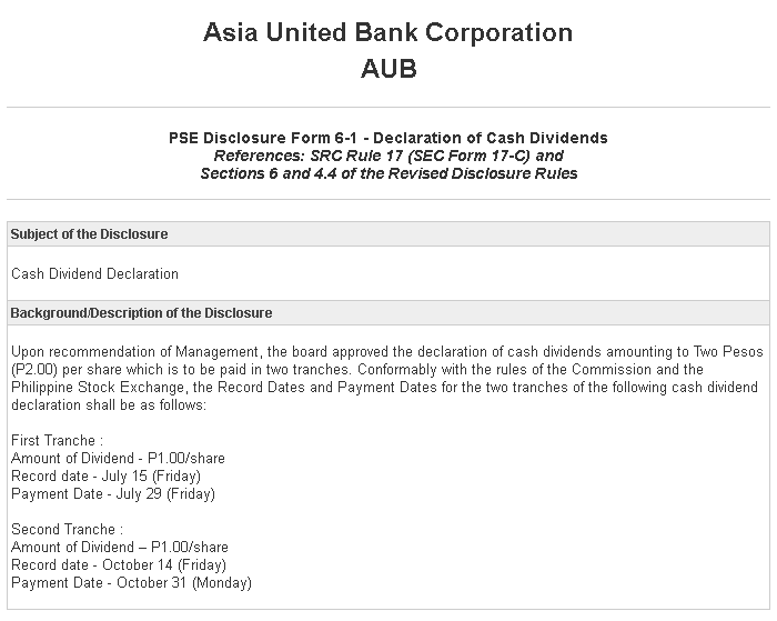 Declaration of Cash Dividends: Asia United Bank Corporation $PSE:PSE $PSE:AUB First Tranche: Amo ...
