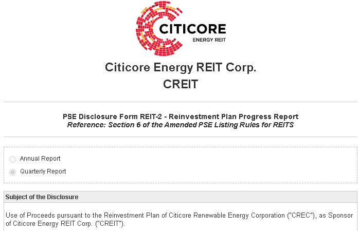 Reinvestment Plan Progress Report: Citicore Energy REIT Corp. $PSE:PSE ...