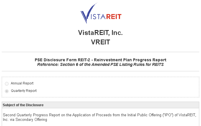 Reinvestment Plan Progress Report: VistaREIT, Inc. $PSE:PSE $NASDAQ ...