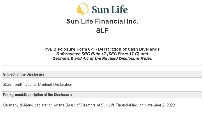 Declaration of Cash Dividends: Sun Life Financial Inc. $PSE:PSE $PSE ...