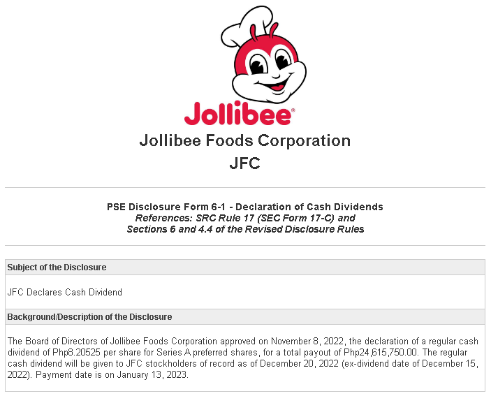 Declaration of Cash Dividends: Jollibee Foods Corporation $PSE:PSE $PSE ...