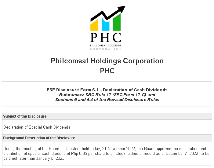 Declaration of Cash Dividends: Philcomsat Holdings Corporation $PSE:PSE $PSE:PHC Amount of Cash ...
