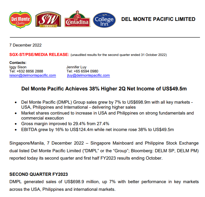 Press Release: Del Monte Pacific Limited sales grew by 7% to US$698.9m ...