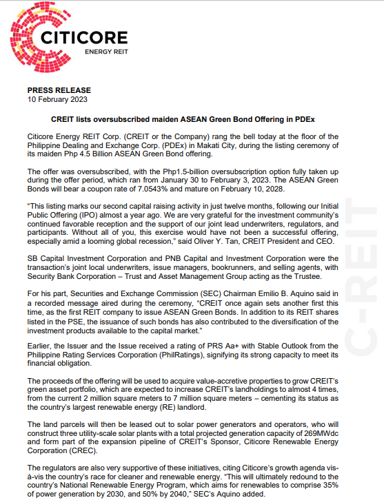 $PSE:PSE $NASDAQ:REIT $PSE:CREIT Press Release: Citicore Energy REIT ...