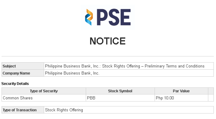 #SRO $PSE:PBB $PSE:PSE Notice: Philippine Business Bank, Inc.: Stock ...