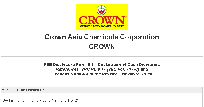 $PSE:PSE $PSE:CROWN Declaration of Cash Dividends: Crown Asia Chemicals ...