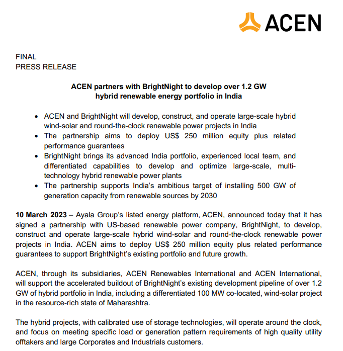 $PSE:PSE $PSE:ACEN Press Release: ACEN Corporation partners with ...