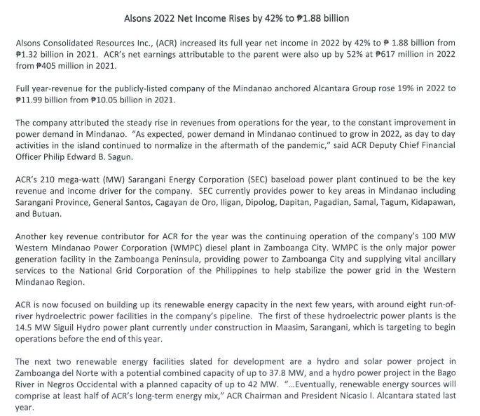 $PSE:PSE $PSE:ACR Press Release: Alsons 2022 Net Income Rises by 42% to ...