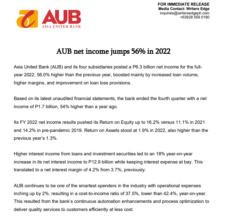 $PSE:PSE $PSE:AUB Press Release: Asia United Bank Corporation net income jumps 56% in 2022 Sourc ...