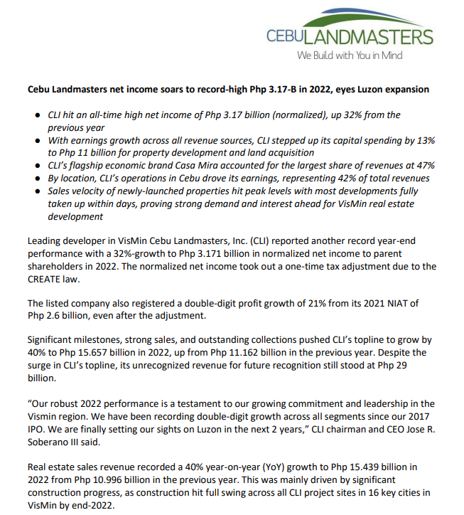 $PSE:PSE $PSE:CLI Press Release: Cebu Landmasters net income soars to record-high Php 3.17-B in ...