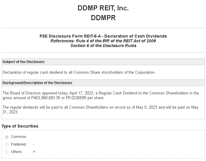 $PSE:PSE $NASDAQ:REIT $PSE:DDMPR Declaration of Cash Dividends: DDMP ...