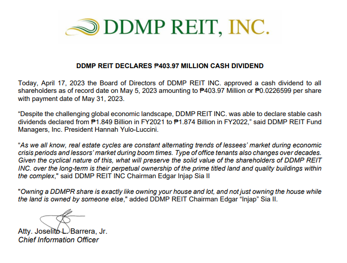 $PSE:PSE $NASDAQ:REIT $PSE:DDMPR Press Release: DDMP REIT declares PhP ...
