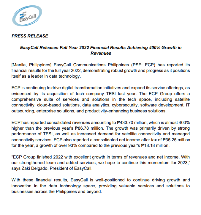 $PSE:PSE $PSE:ECP Press Release: EasyCall Communications Philippines ...