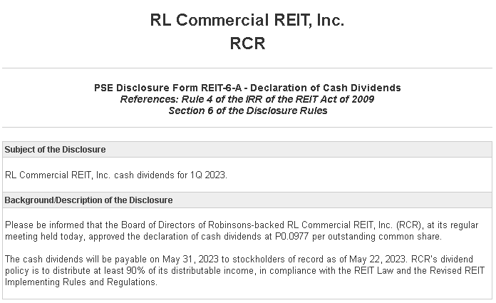 $PSE:PSE $NASDAQ:REIT $PSE:RCR Declaration of Cash Dividends: RL ...