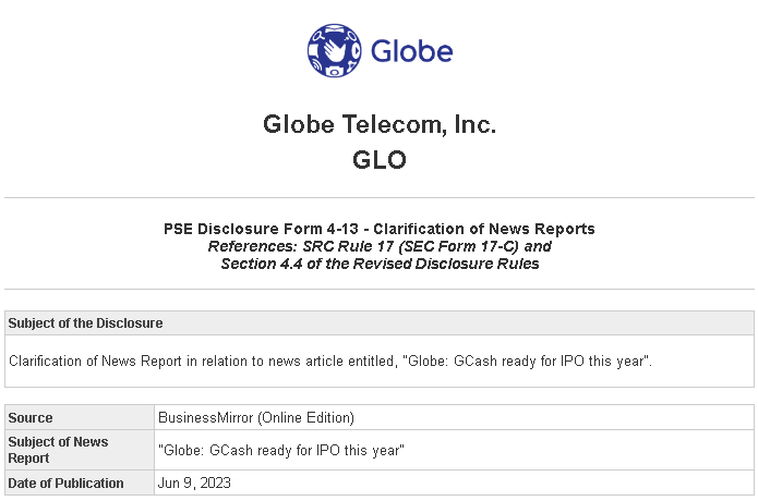 $PSE:PSE $PSE:GLO Clarification of News Reports: Globe: #GCash ready for $PSE:IPO this year "In ...
