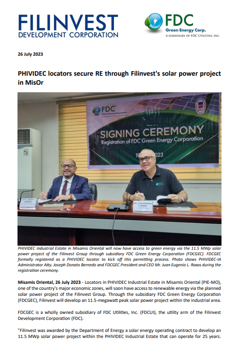 $PSE:PSE $PSE:FDC Press Release: PHIVIDEC locators secure RE through Filinvest's solar power ...