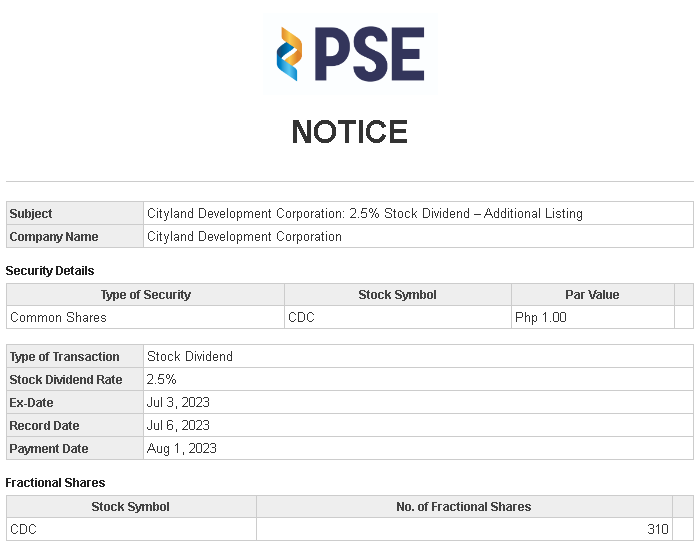$PSE:CDC $PSE:PSE Notice: Cityland Development Corporation: 2.5% Stock ...