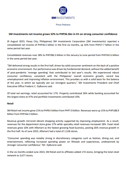 $PSE:PSE $PSE:SM Press Release: SM Investments Corporation net income ...