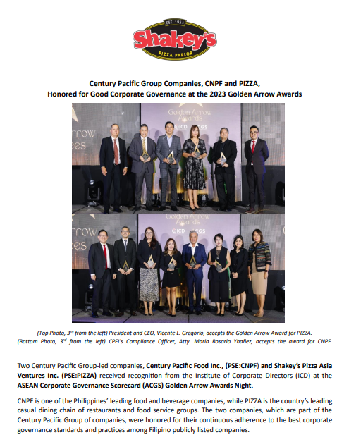 $PSE:PSE $PSE:CNPF $PSE:PIZZA Press Release: Two Century Pacific Group-led companies, Century ...