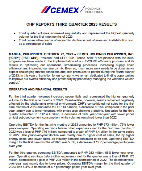 $PSE:PSE $PSE:CHP Press Release: For the third quarter, Cemex Holdings ...