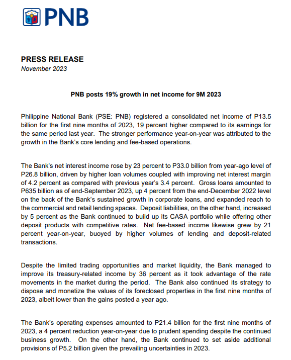$PSE:PSE $PSE:PNB Press Release: Philippine National Bank registered a ...