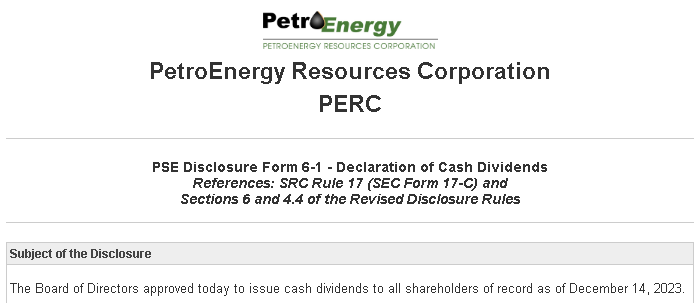 $PSE:PSE $PSE:PERC Declaration of Cash Dividends: PetroEnergy Resources ...