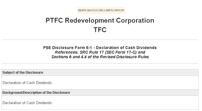 $PSE:PSE $PSE:TFC Declaration of Cash Dividends: PTFC Redevelopment ...