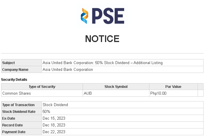$PSE:AUB $PSE:PSE Notice: Asia United Bank Corporation: 50% Stock Dividend – Additional Listing ...