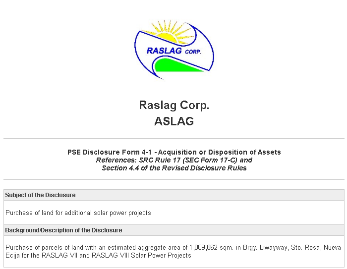 $PSE:PSE $PSE:ASLAG Acquisition or Disposition of Assets: Raslag Corp ...
