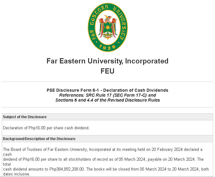 $PSE:PSE $PSE:FEU Declaration of Cash Dividends: Far Eastern University, Incorporated Amount of ...