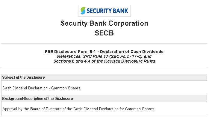 $PSE:PSE $PSE:SECB Declaration of Cash Dividends: Security Bank ...