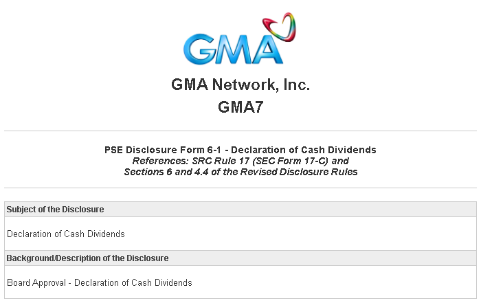 $PSE:PSE $PSE:GMA7 Declaration of Cash Dividends: GMA Network, Inc ...