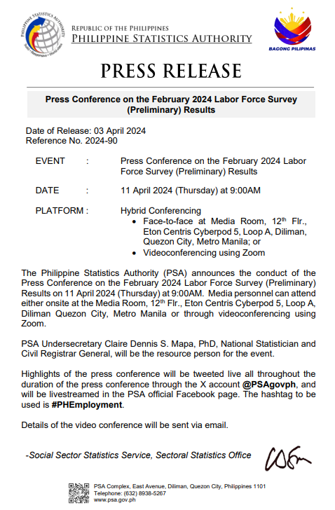 $PSE:PSE $PSE:PSEI Press Conference on the February 2024 Labor Force ...