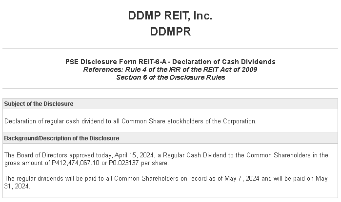 $PSE:PSE $NASDAQ:REIT $PSE:DDMPR Declaration of Cash Dividends: DDMP ...
