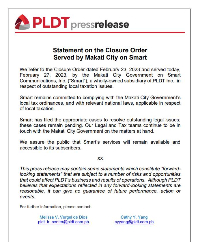 $PSE:TEL, PLDT Statement on the Closure Order Served by Makati City on ...