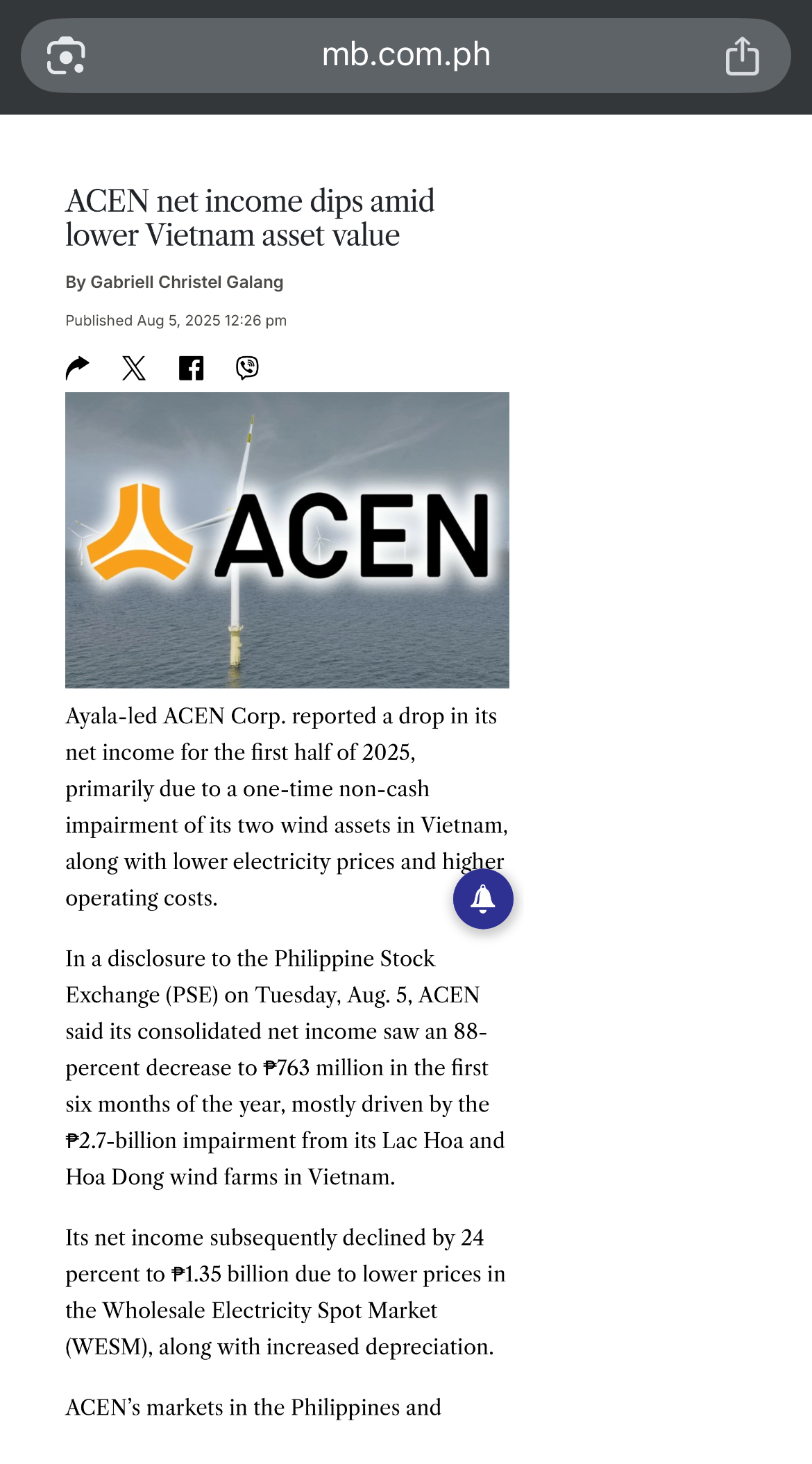 $PSE:PSEI $PSE:ACEN Ayala-led ACEN Corp. reported a drop in its net ...